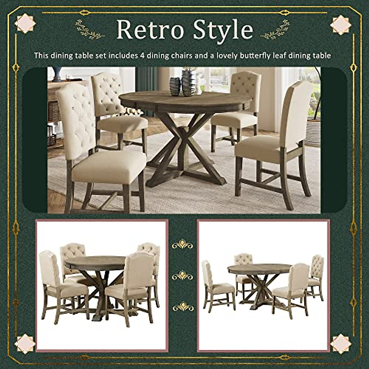 Goozio Retro Style 5-Piece Round Table and Chairs Set,Round Dining Table for 4,Extendable Dining Set with Round Table and 4 Upholstered Chairs for Kitchen,Natural Wood Wash