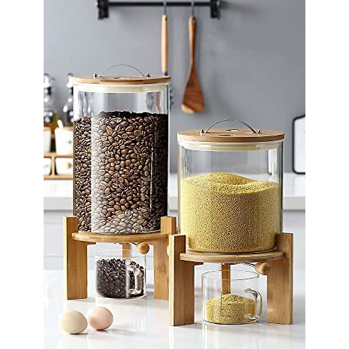 Glass Rice Dispenser Countertop, 5L/8L Flour Cereal Grain Dispenser Container with Wooden Stand and Measuring Cup, Rice Food Storage Container Dispenser for Kitchen and Pantry Store with Airtight Lid
