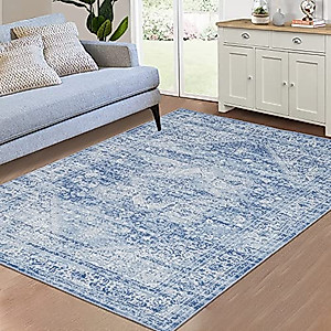 ROYHOME Area Rug 8' x 10' Machine Washable Persian Rug Traditional Abstract Rug Indoor Floor Cover Distressed Carpet Rug Velvet Mat Foldable Accent Rug for Living Room Bedroom Dining Room, Blue