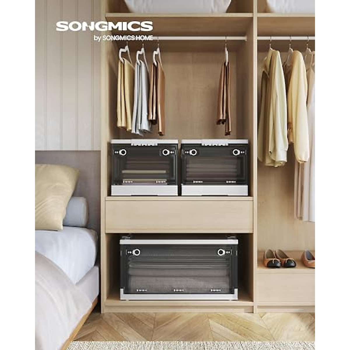 SONGMICS Plastic Storage Bins with Lids, 11.6 Gal. (46.4 Qt.) Stackable Closet Organizer, 5 Doors, Pack of 3, Storage Cabinet, Office Organization, Foldable, Cloud White and Slate Gray URPB044W03