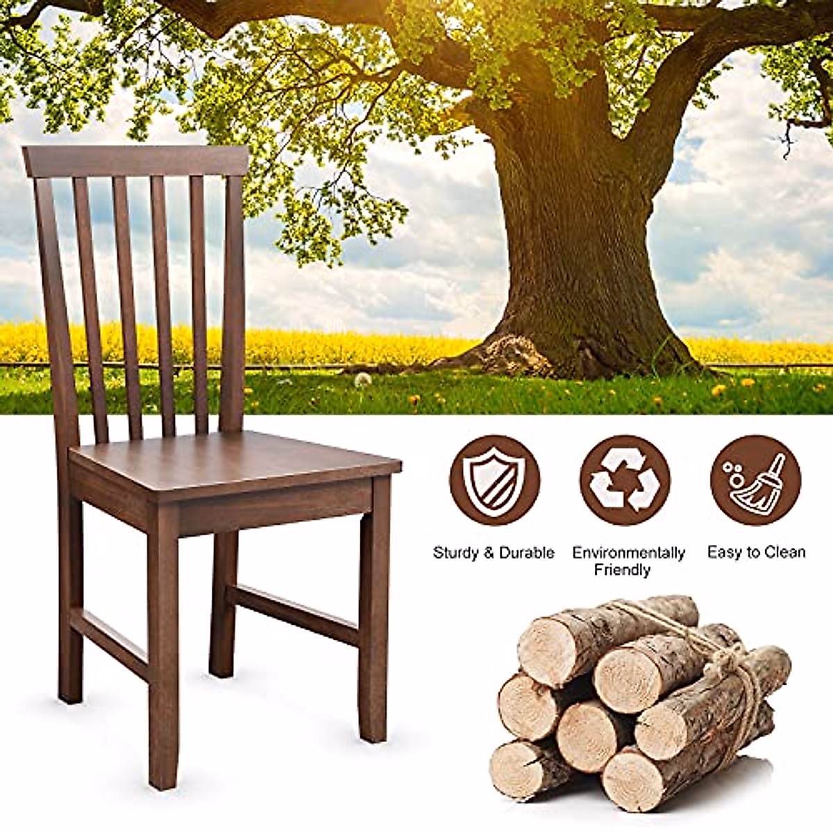 Giantex Wood Dining Chair, Set of 2 Traditional Side Chair w/High Slat Back, Rubber Wood Legs, 100 Degree Curved Backrest Spacious Seat, Versatile Farmhouse Dining Chairs for Kitchen Dining Room