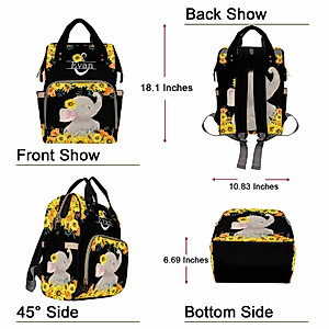 Custom Sunflower Elephant Diaper Bag Backpack for Baby Girl Boy, Personalized Name Black Large Nappy Nursing Orangizer Mommy Bags, Waterproof Travel Daypack for Dad Mom Gifts