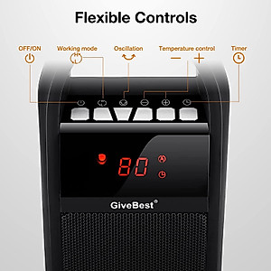 GiveBest 22'' Portable Tower Space Heater 1500W Ceramic Oscillating Electric Room Heater, 3 Modes, Remote Control, with Thermostat and Timer, Overheat & Tip-Over Protection for Bedroom, Office, Indoor