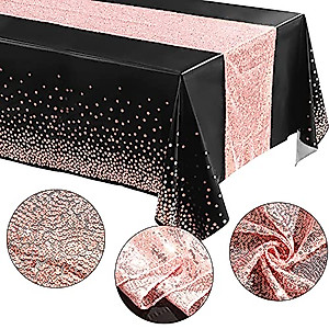 Irenare Tablecloth and Sequin Table Runner Set Polka Dots Confetti Table Cover Dining Plastic Table Cloths Glitter Decorations for Birthday Wedding Anniversary Party Supplies (Black, Rose Gold)