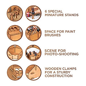 PLYDOLEX Wooden Corner Paint Organizer for 32 Bottles of Paints and 46 Paint Brushes - Paint Rack Organizer with 6 Miniature Stands and Scene for Photo-Shooting - Intended for Miniature Paint Set