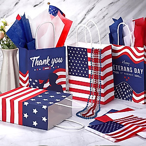 MIMIND 12 Pieces Veterans Day Gift Bags with Handle Patriotic Gift Bags with 24 Red Blue White Tissue Paper Thank You Veterans Goodie Gift Treat Bags for Veterans Day Memorial Day Independence Day