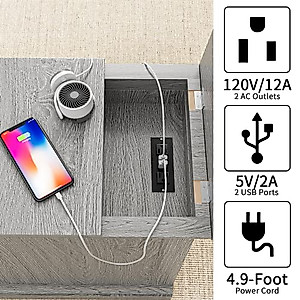 JUMMICO Side Table with Drawer & USB Ports & Power Outlets, End Table with Charging Station, Narrow Nightstand with Shelf for Small Space, Sturdy Storage Cabinet for Living Room Bedroom (Grey)