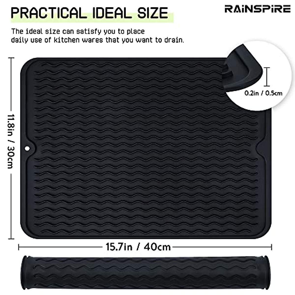 Rainspire Dish Drying Mats For Kitchen Counter, Silicone Dish Mat Drying Kitchen Mat, Food Grade Silicone Sink Drying Mat, Quick Dry Slip Resistant Kitchen Mats, 16x12inch, Black