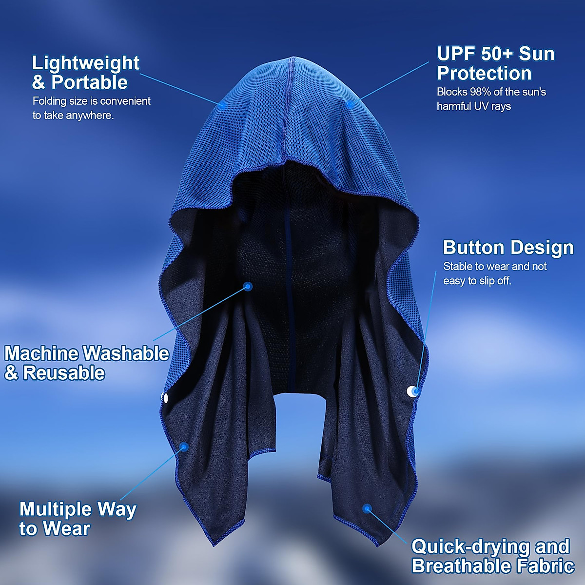 Sukeen Cooling Hoodie Towel for Men, Cooling Towels for Neck and Face UV protection, Quick Drying Absorbent Sport Workout Camping Cycling Cooling Towel, Cooling Neck Wraps(2 Pack Black Royal Blue)