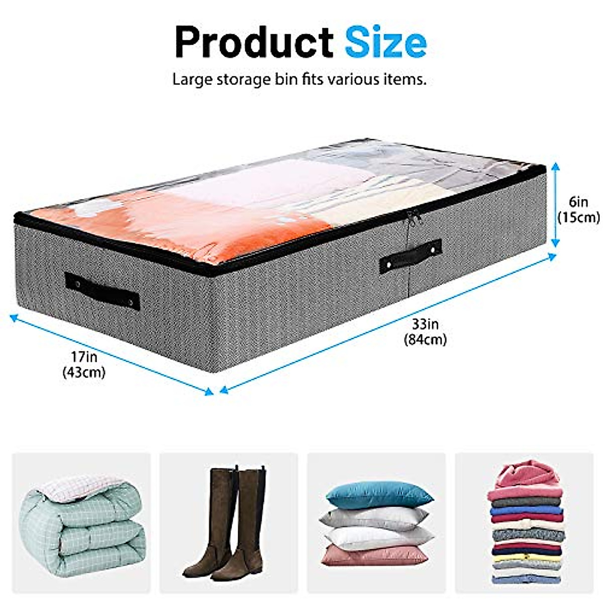 WISELIFE Under Bed Storage Bins Containers (2-Pack) Large Foldable Shoe Storage Organizers with Clear Lid, 2-Way Zippers, Sturdy Riveted Handles, Rigid Structure 33x17x6 in