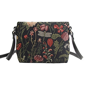 Signare Tapestry Crossbody Bag Shoulder Purse for Women In Morning Garden Black Design (XB02-MGDBK)