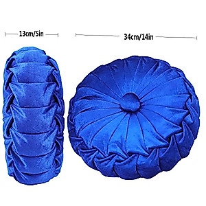 ANQILEE Royal Blue Velvet Round Pillow Pumpkin Round Cushion Throw Pillow 3D Craftsmanship HandmadePleated for Couch Decorative Floor mats Car Pillows