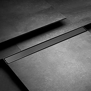 24 inch Linear Shower Drain with Removable Square Hole Panel by Using 304 Stainless Steel Process, Linear Drain Equipped with Adjustable Feet and Hair Strainer（Matte Black Color）