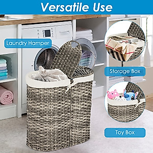 Giantex Double Laundry Hamper with Lid, Oval Laundry Basket with 2 Removable Liner Bags, Portable Handwoven Clothes Sorter Bin for Living Room Bedroom Laundry (Gray)