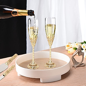 Jozen Gift Gold Champagne Flutes - Crystal Glasses&Metal Base With Crystal Stone, Set of 2 Toasting Flute Pair, Wedding Anniversary, Party Birthday Banquets Gifts for Bride and Groom 6 oz
