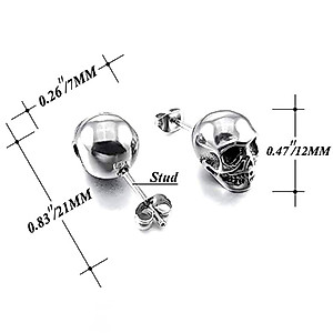 2 Pairs Punk Stainless Steel Stud Skull Earrings for Men Women Silver Black Rock Ear Piercing Earrings