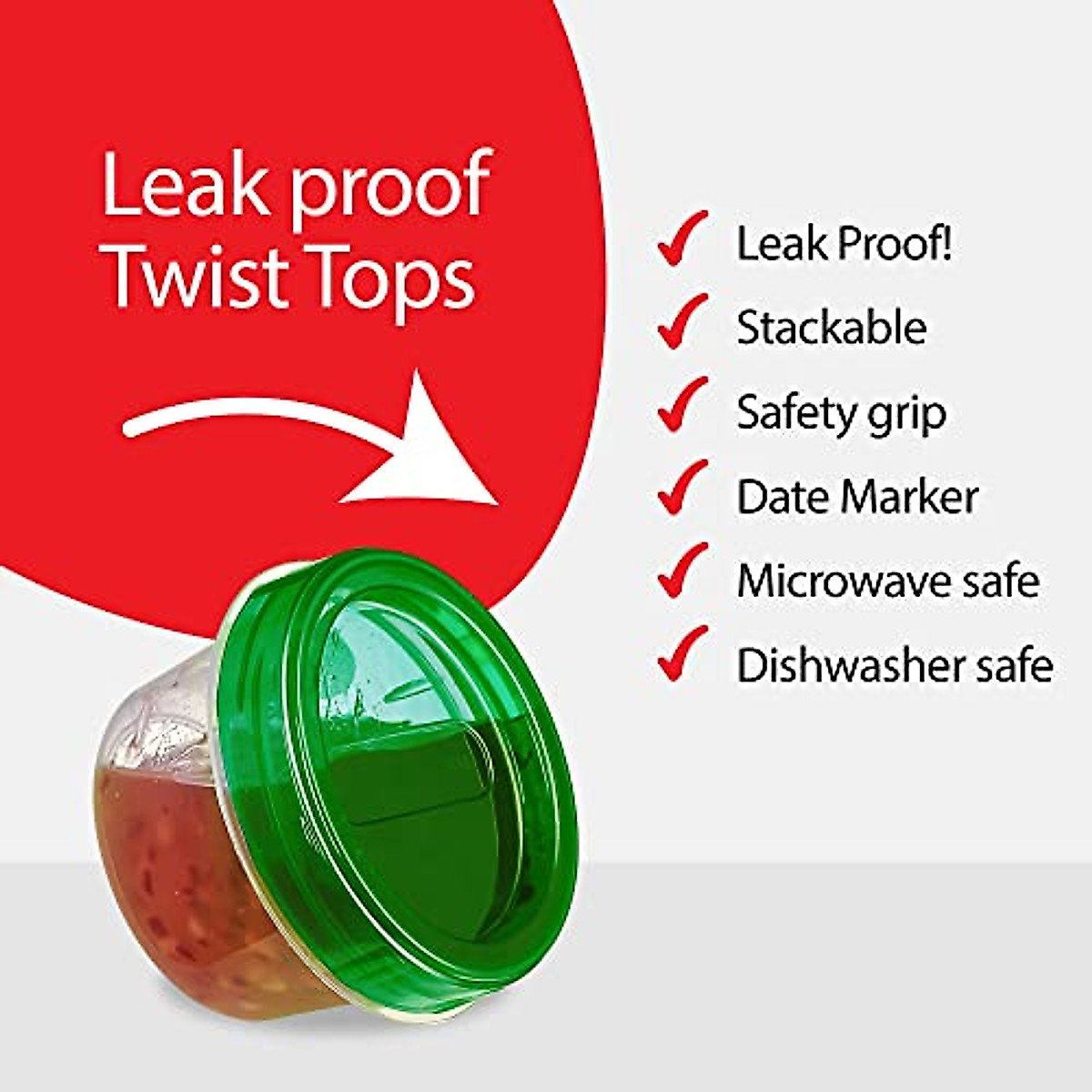 PLASTICPRO 6 Pack Twist Cap Food Storage Containers with Green Screw on Lid- 4 oz Reusable Meal Prep Containers - Small Freezer Containers Microwave Safe Green Plastic Food Storage