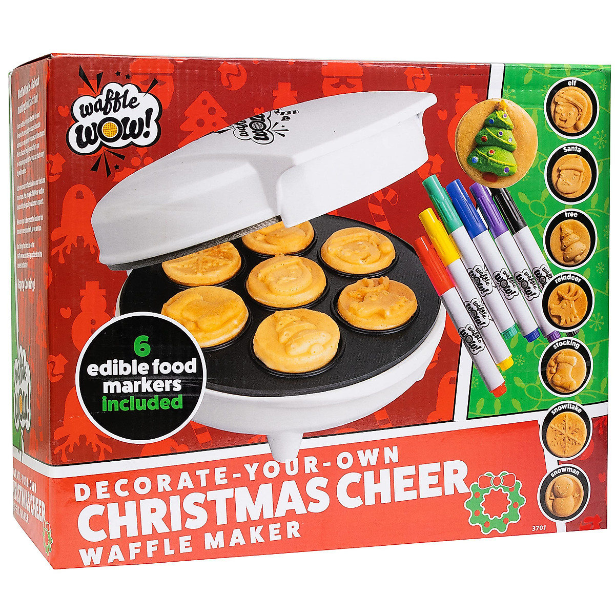 Christmas Holiday Waffle Maker w 6 Edible Food Markers- Make X-Mas Breakfast Fun w Delicious Decorated Pancakes or Waffles- Electric Nonstick Waffler Iron, Fun Gift for Kids & Adults, Family Activity