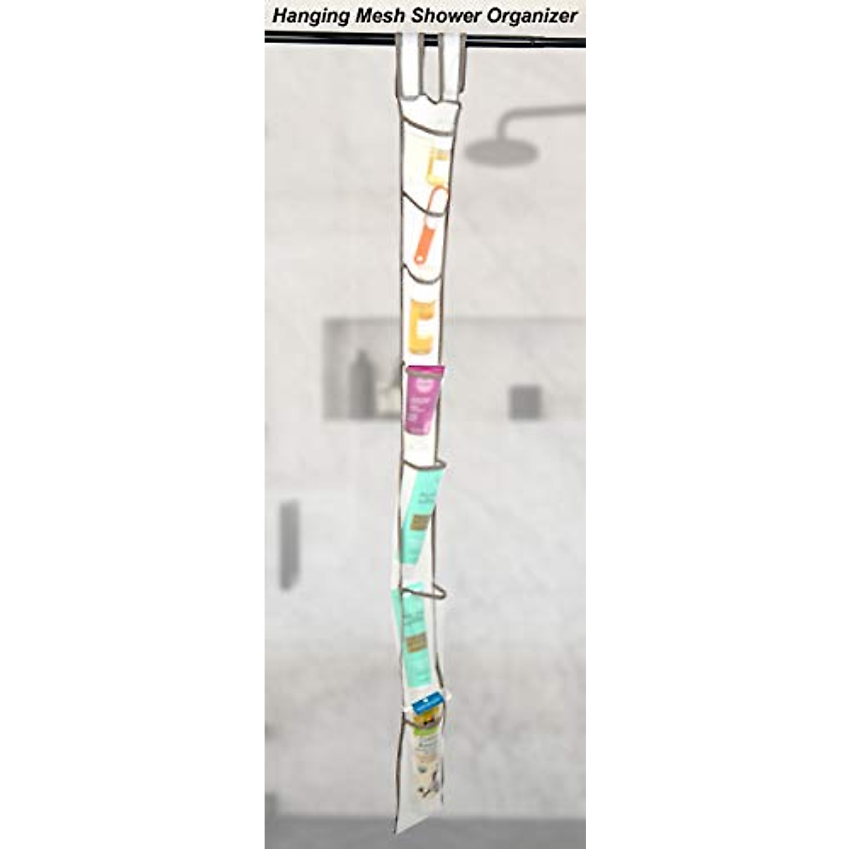 Home-X Hanging Mesh Organizer with Six Pockets, Shower Caddy with Hook and Loop Hanger for Shower Rod, 58" L x 7" W, White/Gray