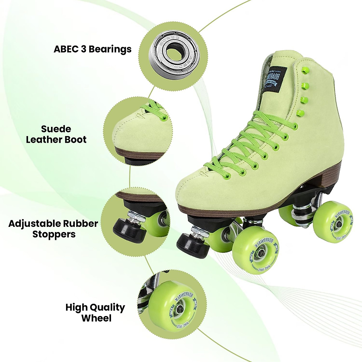 Sure-Grip Boardwalk Unisex Outdoor Roller Skates Material of Leather, Rubber, Suede & Aluminum Trucks | Comfortable, Extra Long Laces - Suitable for Beginners (Key Lime, Mens 7 / Womens 8)