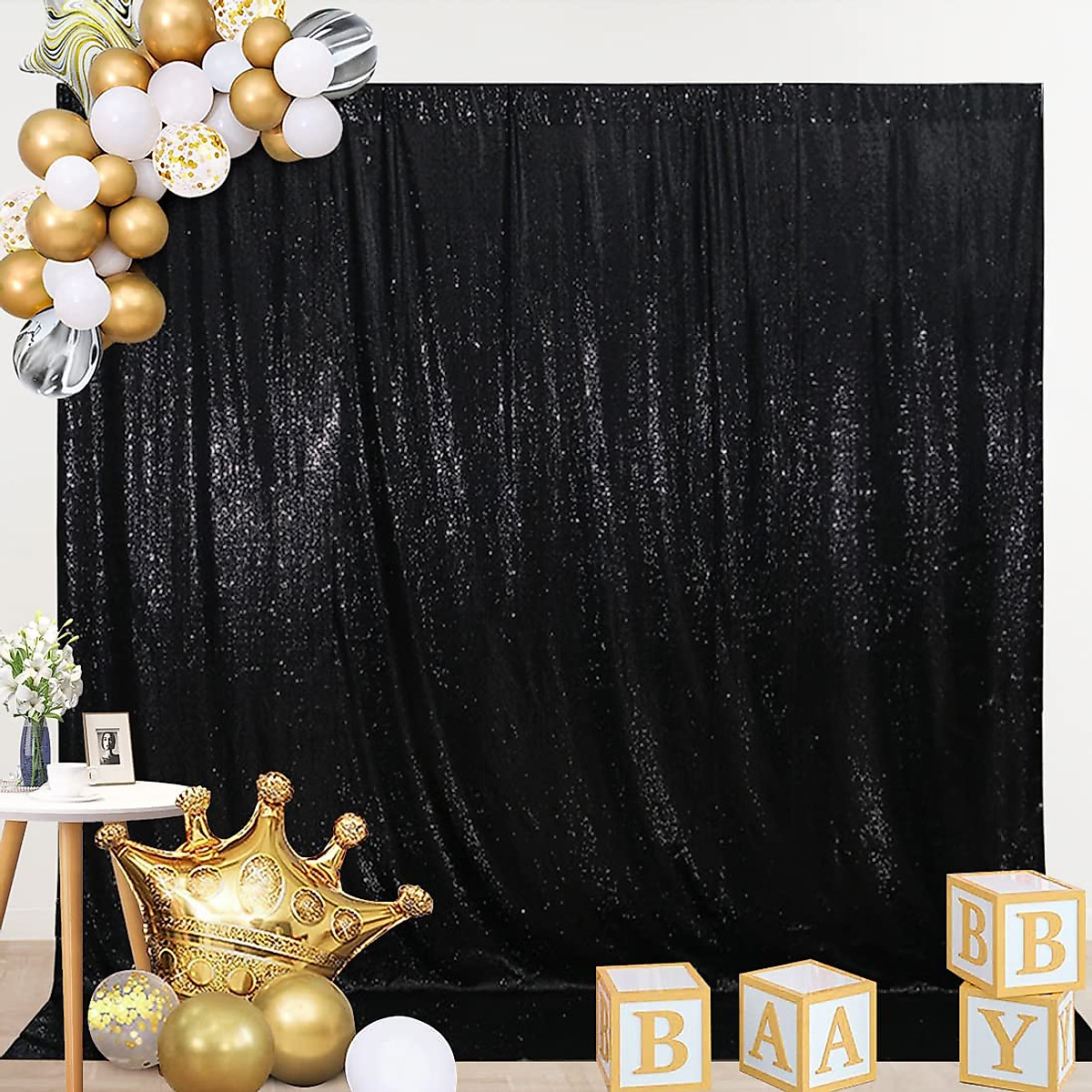 SquarePie Sequin Backdrop Not See Through Thick Stain Background Glitter Curtain Party 10FT x 10FT Black
