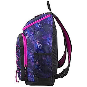 FUEL Wide Mouth Sports Luggage Backpack with Front Bungee and Inner Tech Pocket, Black/Hot Pink/Galaxy Print