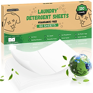 HOMERHYME Laundry Detergent Sheets - Up to 120 Loads (60 Sheets),Unscented,Plastic Free,Laundry Detergent Strips for Travel,Dorms, Home,Apartments,Liquidless Technology,Eco Friendly& Hypoallergenic
