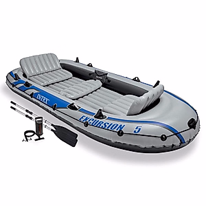 Intex Excursion 5 Person Inflatable Boat Set with 2 Aluminum Oars and Pump, Intex 12V Transom Mount Boat Trolling Motor, and Intex Motor Mount Kit