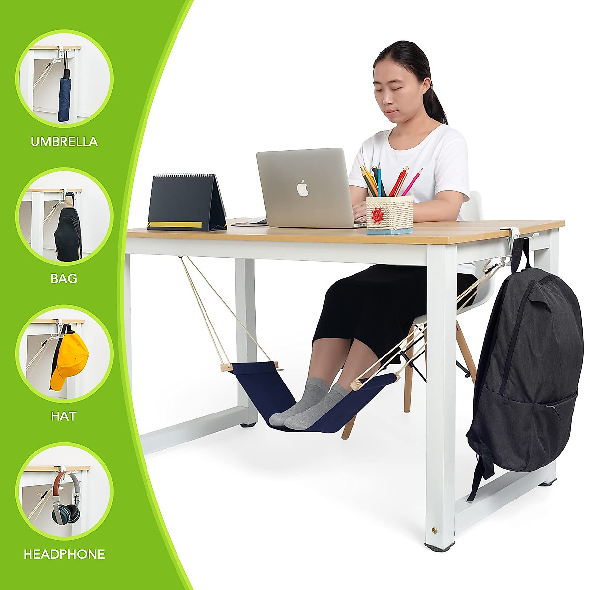Foot Hammock Under Desk Footrest | Adjustable Office Foot Rest Under Desk Hammock | Portable Desk Feet Hammock with Headphones Holder (Black)