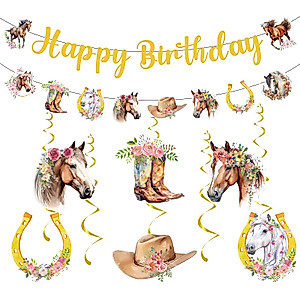 Horse Themed Birthday Party Decorations - NOVBAUB 21PCS Cowgirl Happy Birthday Party Decorations Banner Hanging Swirls Western Cowgirl Hat Boots Horseshoe Horse Party Streamers Decor Supplies