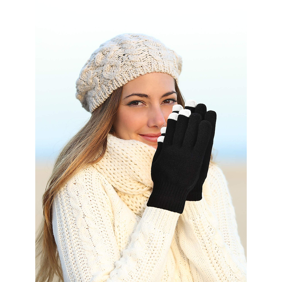 Pangda 12 Pairs Touchscreen Gloves Stretch Knitted Texting Gloves Warm Windproof Solid Color Mittens For men and Women (Black)