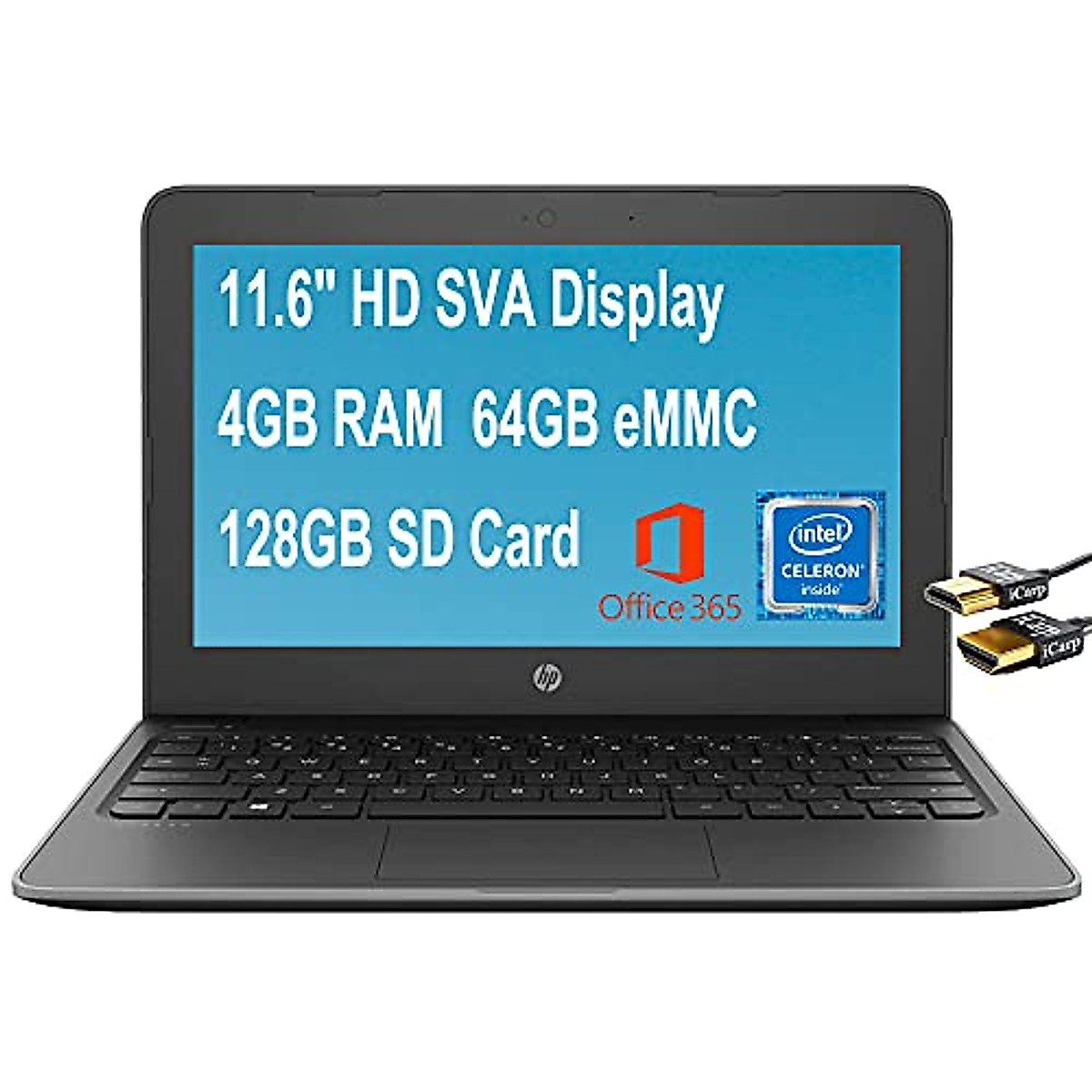 HP Stream 11 Pro G5 Laptop 11.6" HD SVA Anti-Glare Display Intel Celeron N4020 Processor 4GB RAM 64GB eMMC + 128GB SD Card 1-Year Office365 Win10 Pro Black + HDMI Cable
