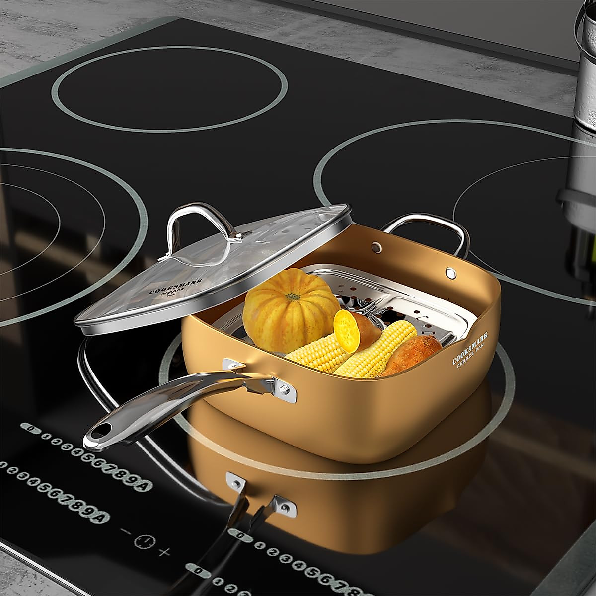 FeLamp 11" Nonstick Copper Griddle Pan for Stovetops, Square Flat Pan with Stainless Steel Handle, Induction Copper Grill Pan, Oven/Dishwasher Safe, 100% PFOA Free