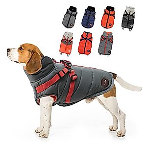 NASKEE Warm Dog Winter Coat Cozy Waterproof Windproof Dog Outdoor Jacket, Adjustable Pet Vest with Harness & D Rings, Thick Polar Fleece Lining, for Small Medium Large Dogs