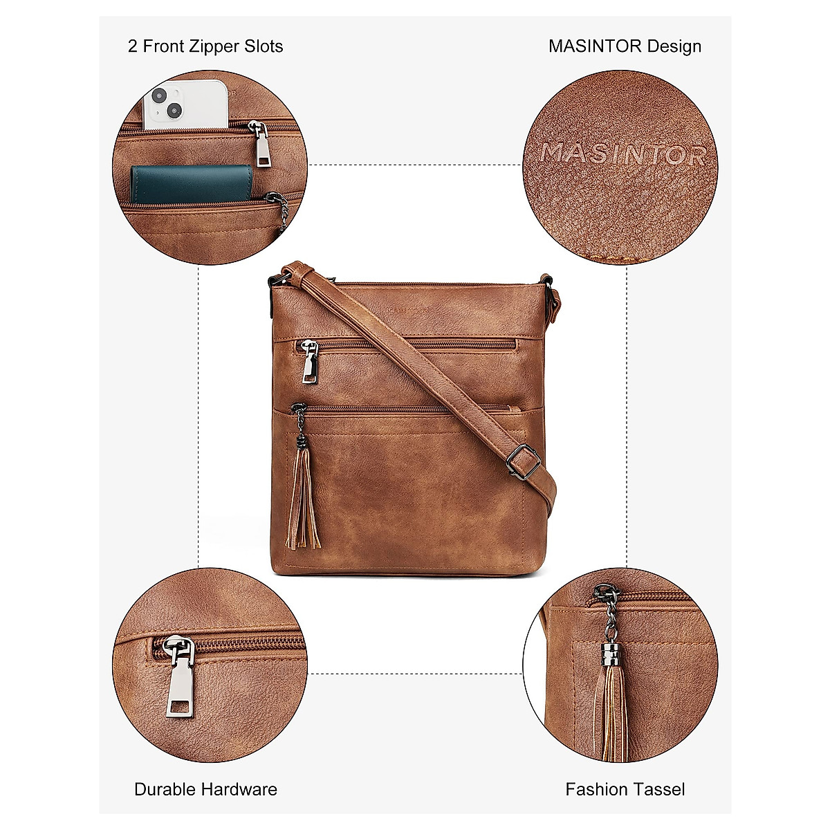 MASINTOR Crossbody Purses for Women, Multi Pocket Casual Crossbody Bag, Adjustable Strap Shoulder Bag with Tassel