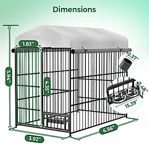 Lyromix Dog Kennel Outdoor with Waterproof Roof and Rotating Feeding Doors, Outdoor Dog Kennel Playpen Crate with Secure Lock and Bowls, Large Heavy Duty Welded Wire Dogs Run Enclosure, 6.6'×3.9'×5.9'