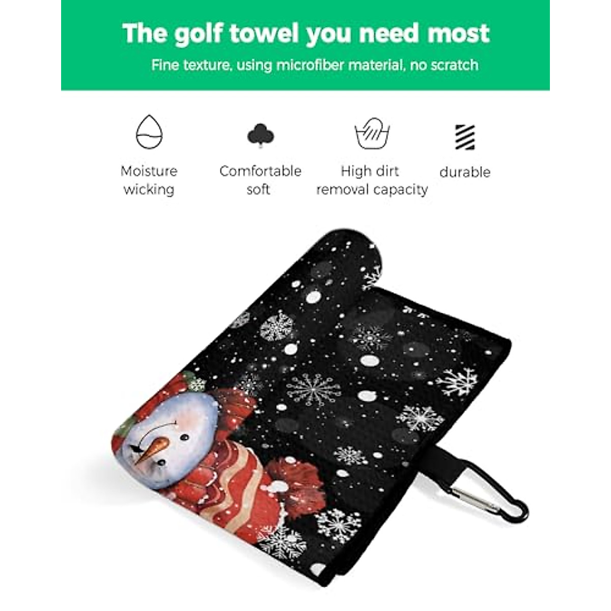 Golf Towel Xmas Snowman Christmas Snowflake Black,Waffle Pattern Microfiber Club Cleaner Golf Towels with Carabiner Clip for Women Men Dad,Winter Snow Golf Towel for Golf Bags Accessories,24x16in