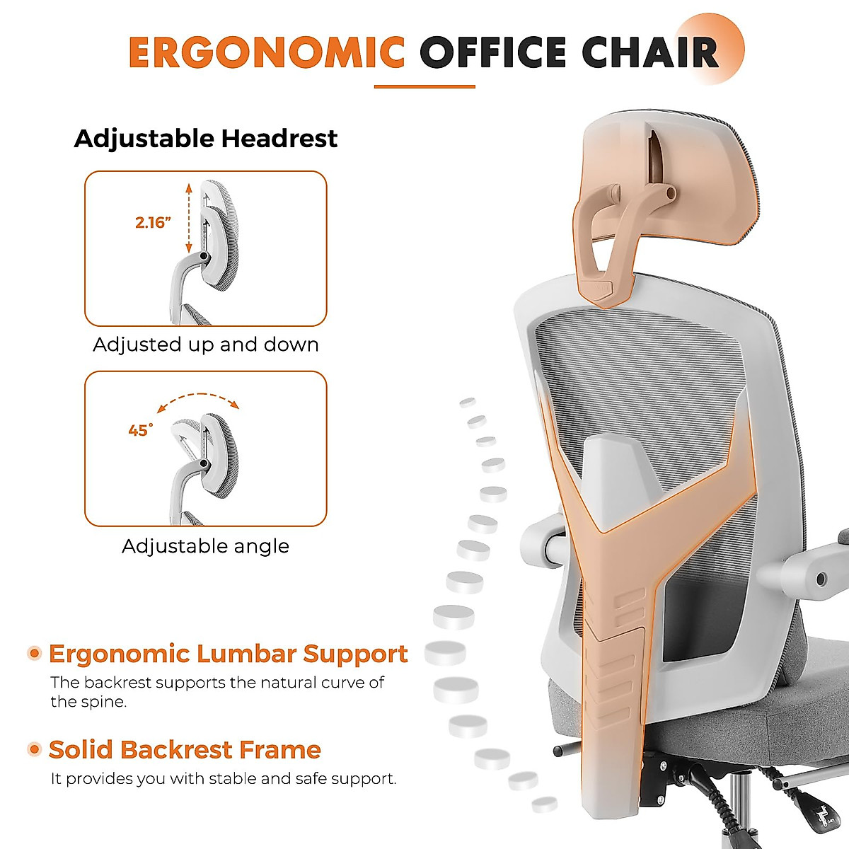 Sweetcrispy Office Computer Desk Chair, Ergonomic High-Back Mesh Rolling Work Swivel Chairs with Wheels, Comfortable Lumbar Support, Comfy Arms for Home, Bedroom, Study, Student, Grey