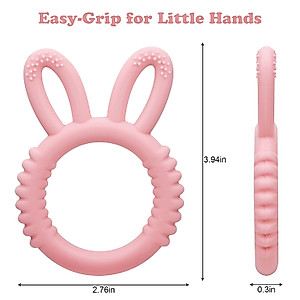 MISSLILI Silicone Babies Teethers Baby Teething Toys for Soothe Massage Sore Gums for 3-12 Months Infants, BPA Free, Ring Shape Rabbit Ear Design (Pink)