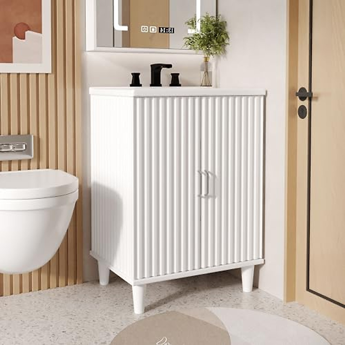 Merax, White 24" Bathroom Vanities Cabinet with Sink, Freestanding Multi-Functional Storage Organizer, Two Doors and Adjustable Shelves