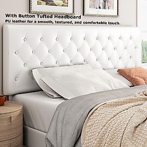Keyluv Upholstered Platform Bed Frame with Button Tufted Headboard, Faux Leather, Wooden Slats Support, No Box Spring Needed, Easy Assembly, Full Size, White
