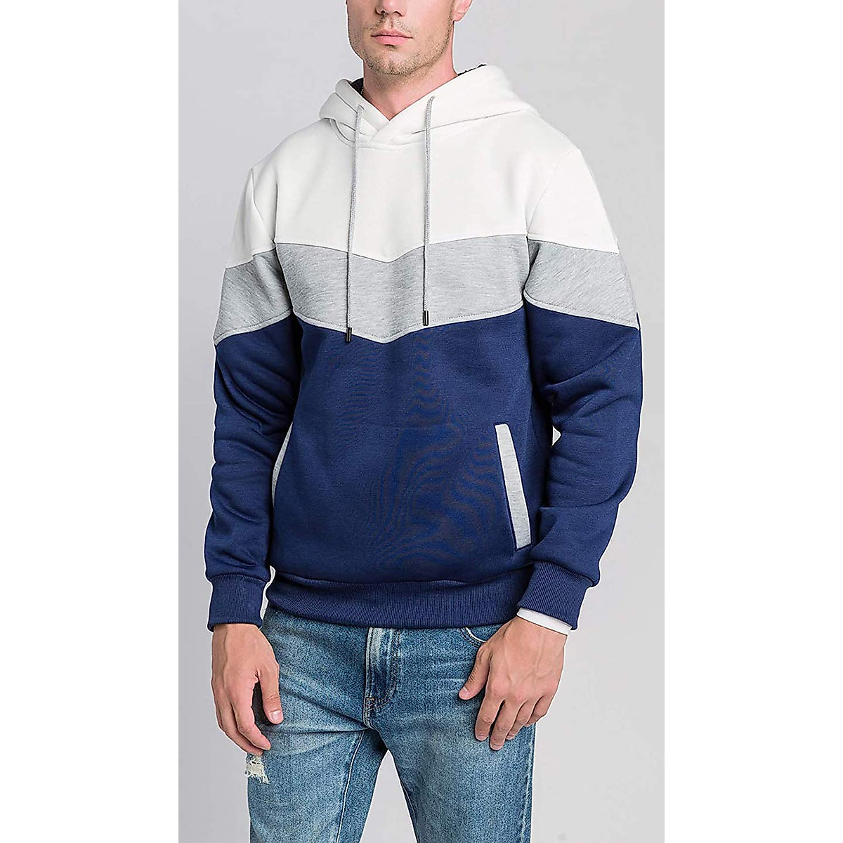 Wielsscca Mens Hoodies Pullover Color Block Fleece Sweatshirt Tops with Pocket White L