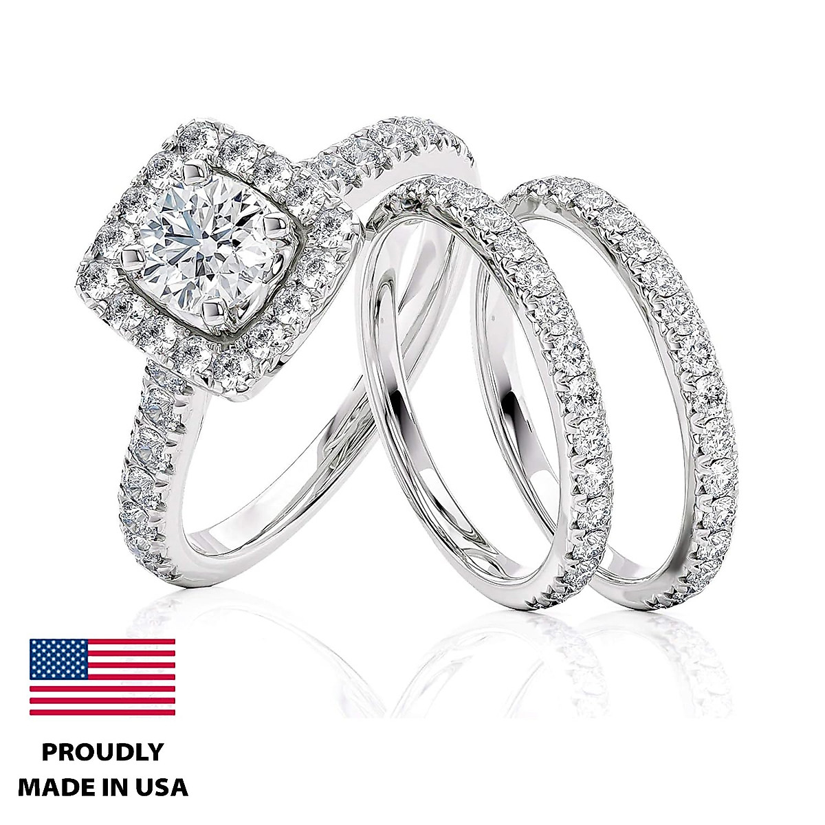 Beverly Hills Jewelers 3 Carat Total Weight Diamond Engagement Ring In 14 Karat White Gold Stunningly Hand Crafted By (8.5) Made in USA