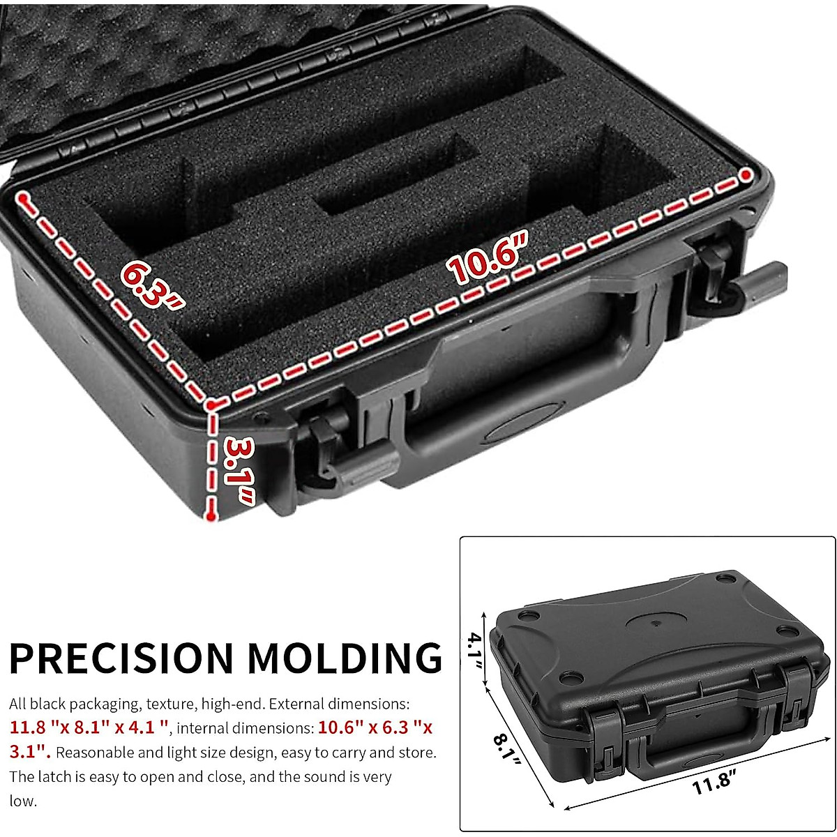 TORIBIO Wireless Microphone Case, Hard Carrying Case with Customizable Foam, Portable Storage Case, IP67 Waterproof Anti-fall Box, Equipment Protector Case for Travel Outing, 11.6"x8.1"x4", Black