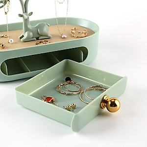 MORE&LESS Antlers Jewelry Display Stand with Aluminium alloy handle, Tree Tower Rack Hanging Organizer for Ring Earrings Necklace Bracelet, Deer Horn Tree Stand with Storage Drawer and Tray