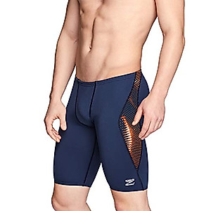 Speedo Men's Standard Swimsuit Jammer Endurance+ Printed Team Colors, Solar Navy/Orange, 30
