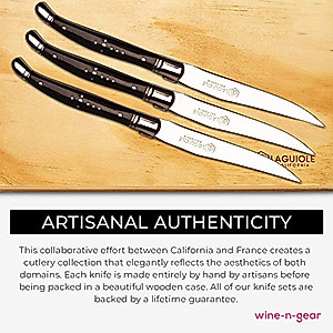Laguiole California Steak Knives - 6 Piece Blackwood Set - Ergonomic Handles - Stored in a California Oakwood Gift Box - Extremely Sharp Straight Steel Blades are Thick Gauge, Full Tang