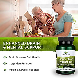 Swanson Lion's Mane Mushroom Memory Support Mental Focus Brain Booster Herbal Supplement Hericium Erinaceus (Mycelium Biomass) 500 mg 60 Capsules (2 Pack)