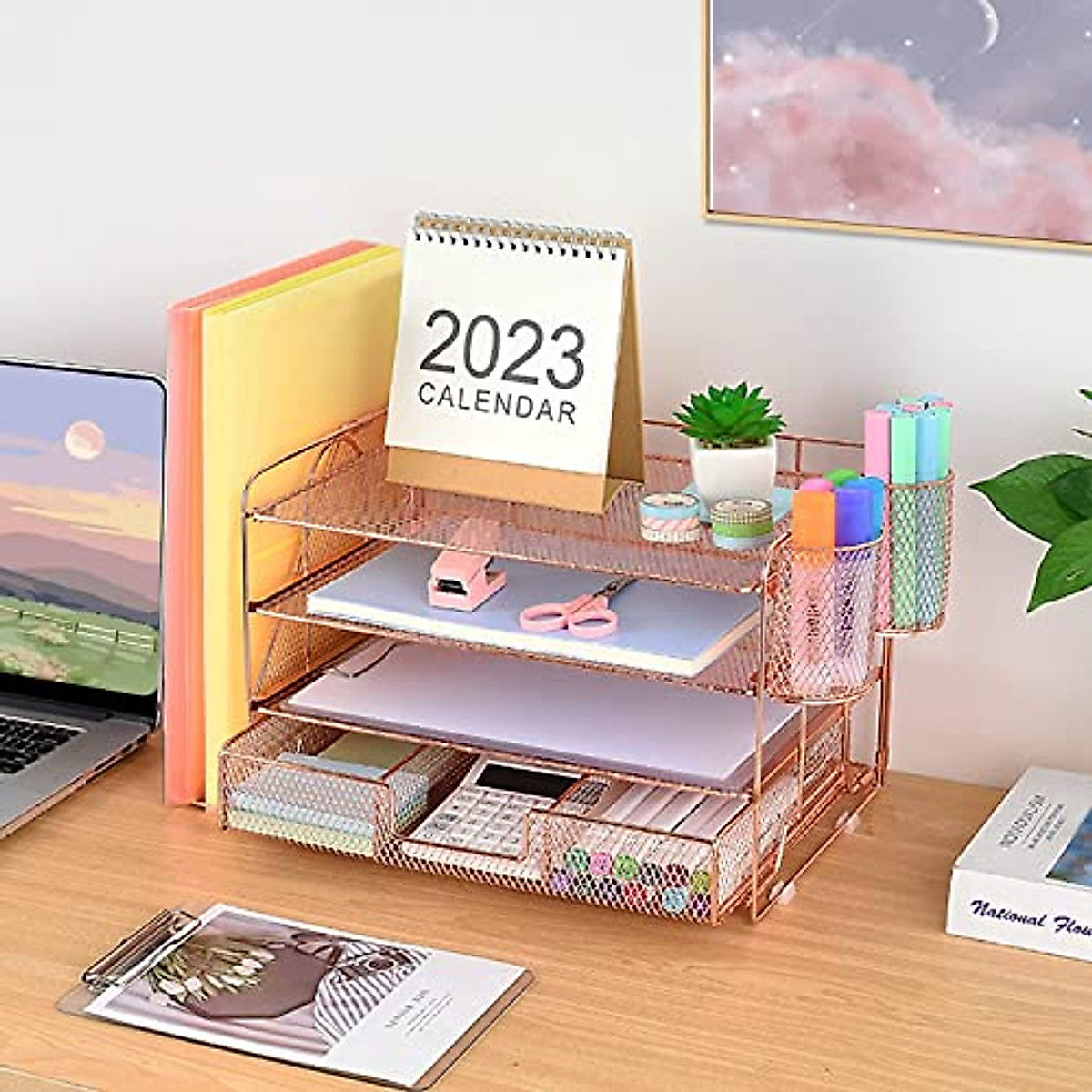 OPNICE Desk Organizers and Accessories, Paper Letter Tray Organizer with 2 Pen Holders and File Holder, File Organizer and Storage, 4-Tier Office Desk Accessories for Office Supplies(Rose Gold)