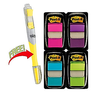 Post-it Flags Value Pack, 50/Dispenser, 4 Dispensers/Pack, 1 in Wide, Assorted Bright Colors, Includes Free Flags + Highlighter (680-PPBGVA)